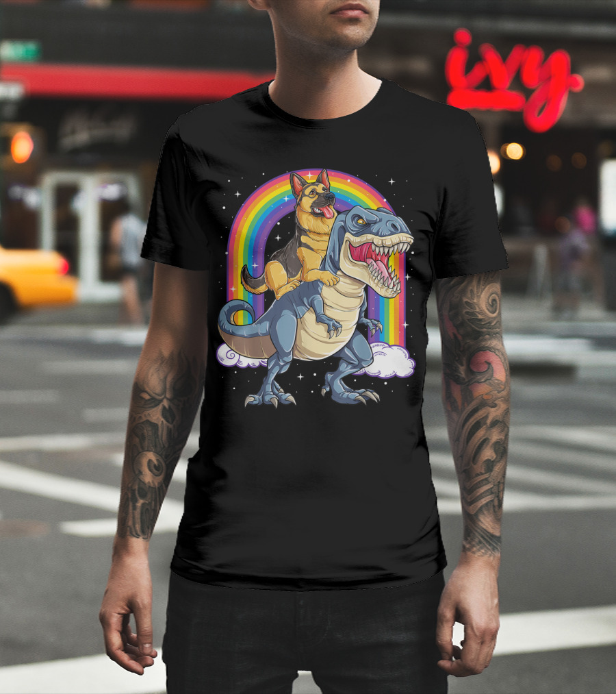 German Shepherd Riding Dinosaur Rex With Rainbow And Stars T-Shirt
