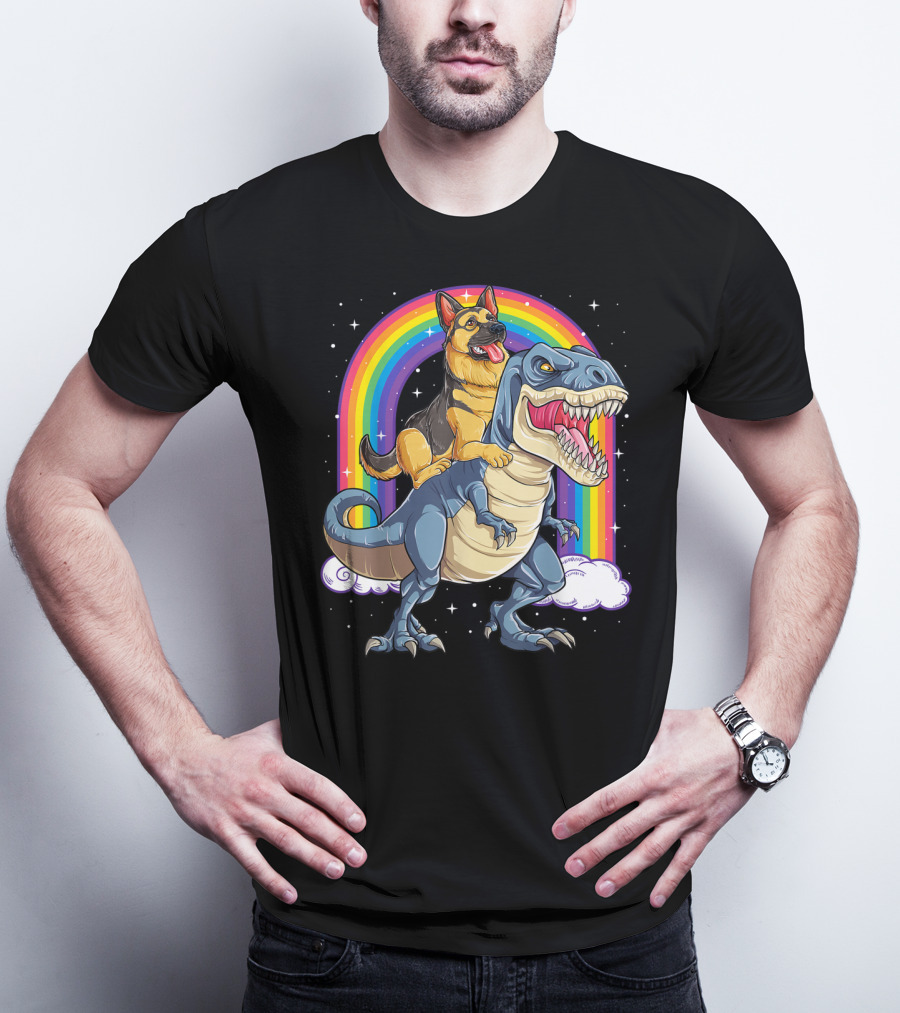 German Shepherd Riding Dinosaur Rex With Rainbow And Stars T-Shirt
