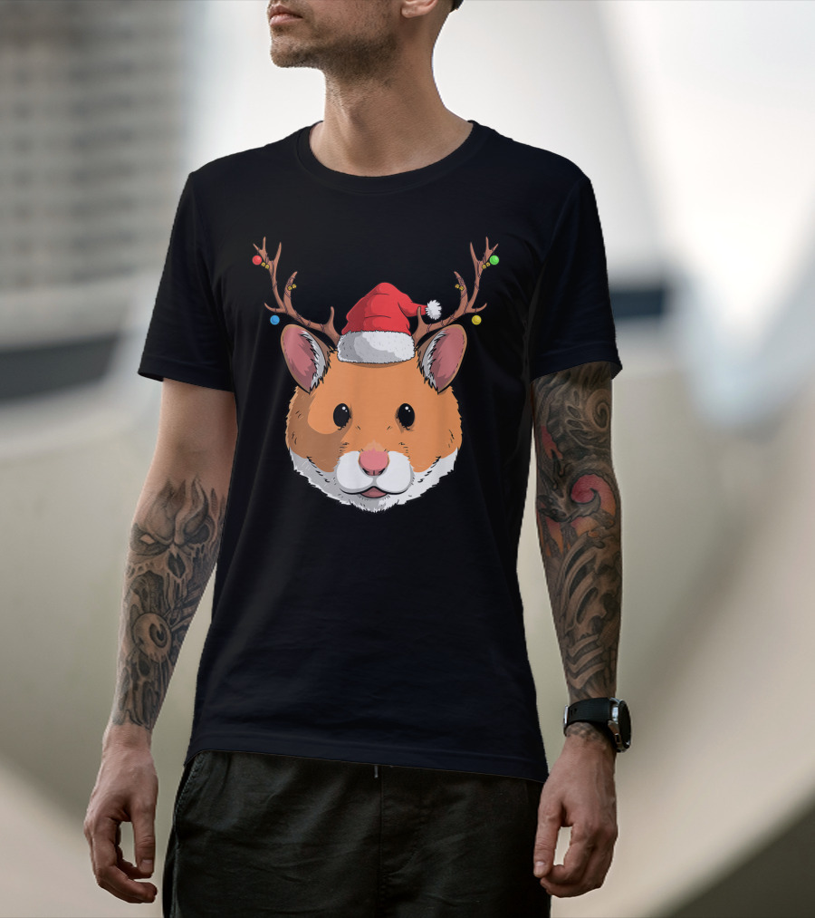 Hamster With Santa Claus Hat And Reindeer Antlers Christmas Holiday T-Shirt