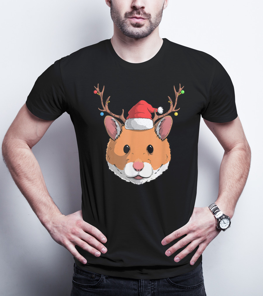 Hamster With Santa Claus Hat And Reindeer Antlers Christmas Holiday T-Shirt
