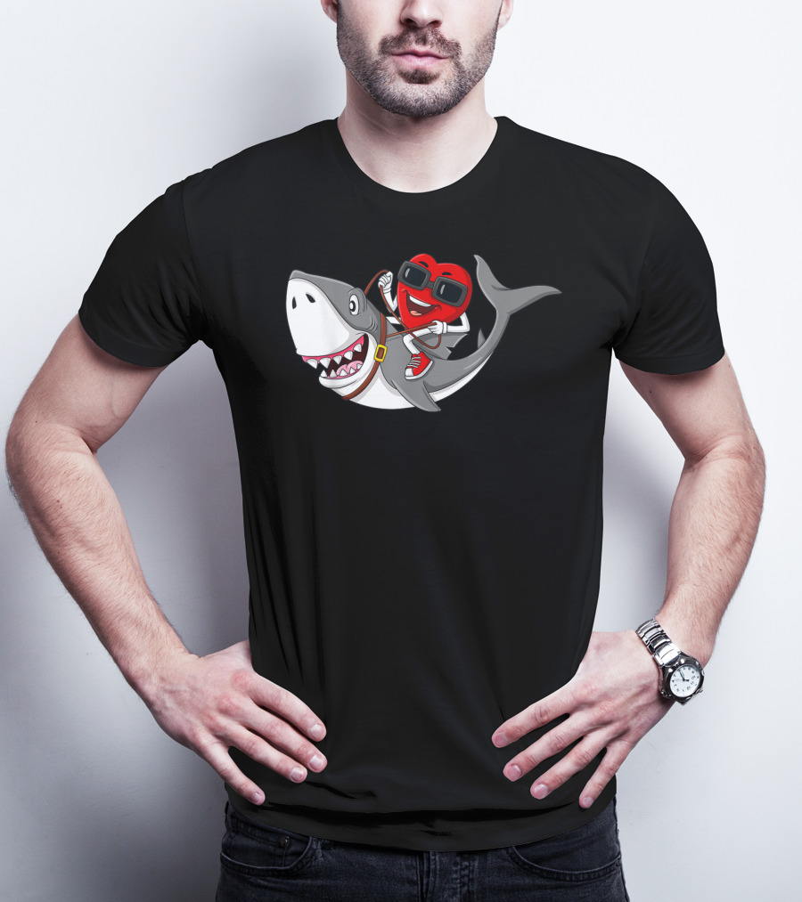 Heart Riding Shark Valentine's Day Adventure T-Shirt