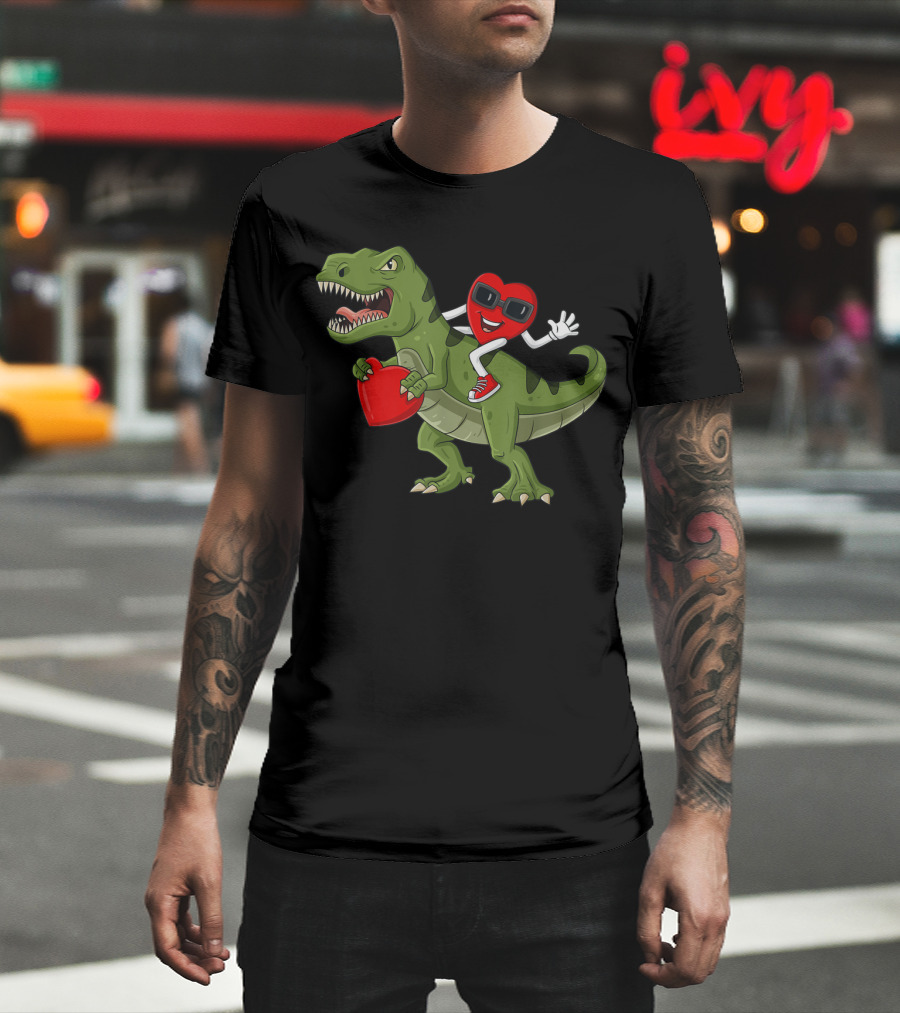 Heart Riding T-Rex Holding Valentines Day Hearts T-Shirt