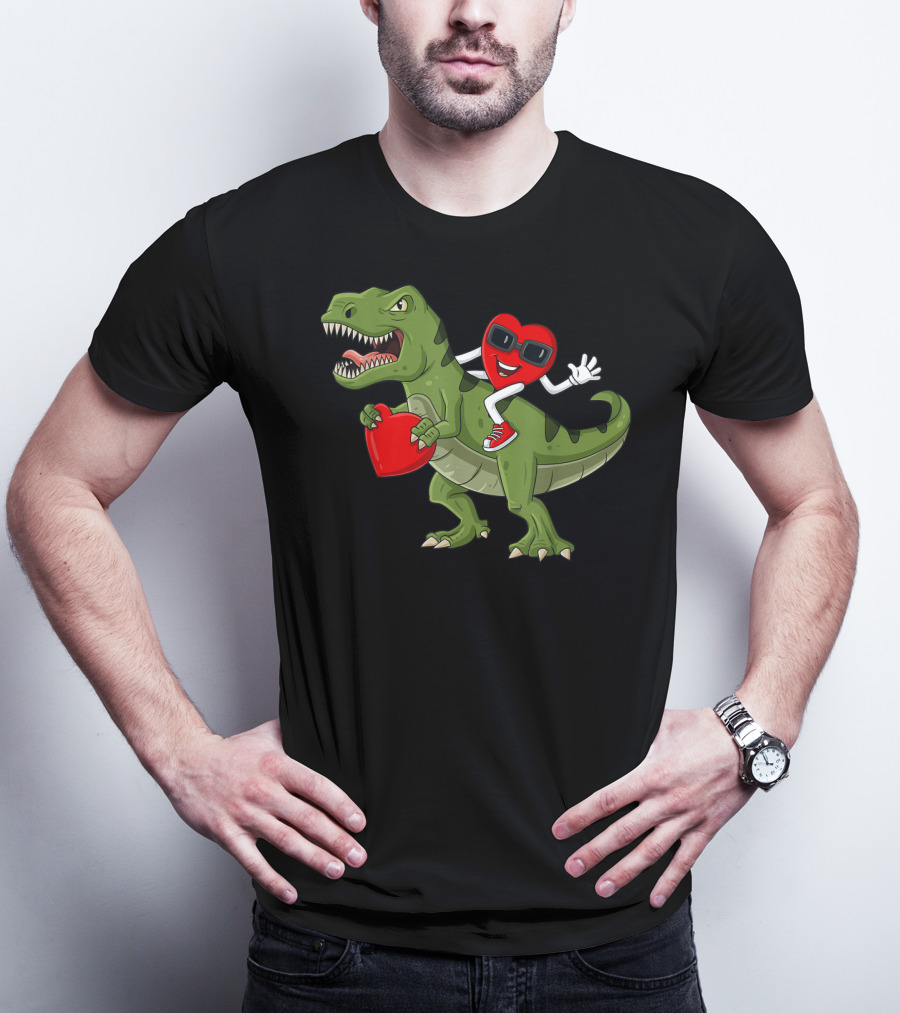 Heart Riding T-Rex Holding Valentines Day Hearts T-Shirt