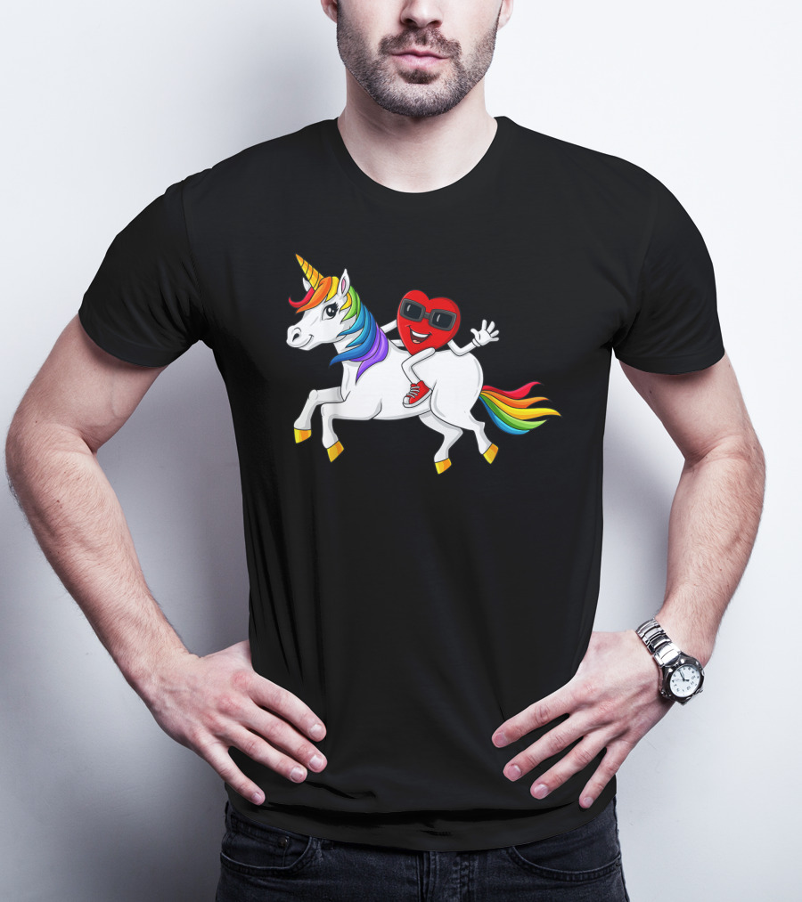 Heart Riding Rainbow Unicorn With Sunglasses And Sneakers T-Shirt