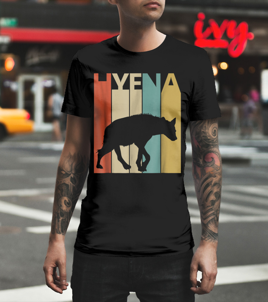 Hyena Retro Silhouette Vintage Stripes T-Shirt