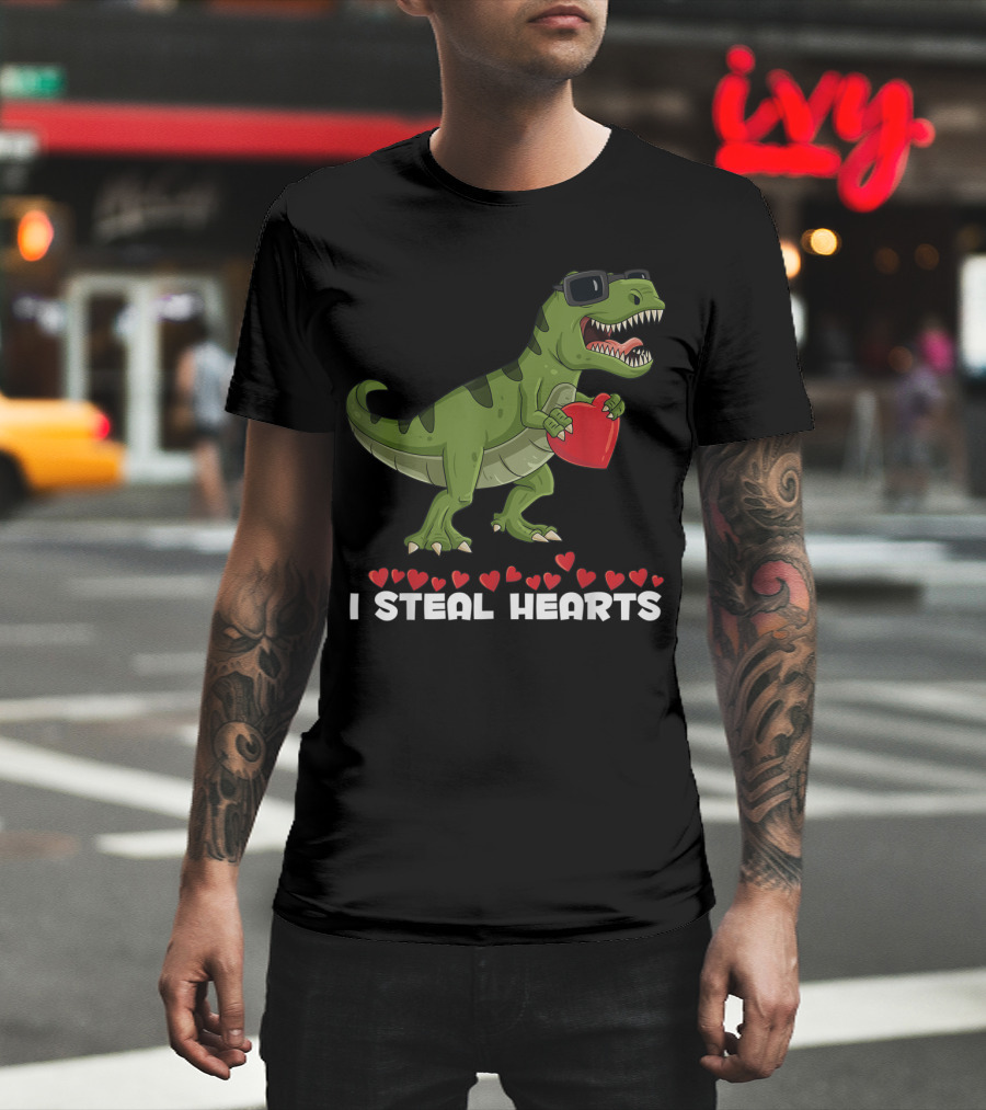 I Steal Hearts Dinosaur With Sunglasses Holding Red Heart Valentines Day T-Shirt
