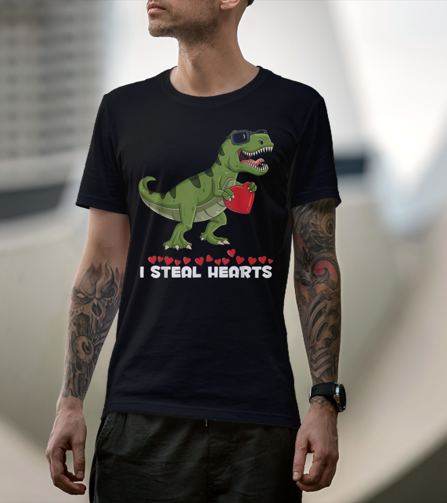 I Steal Hearts Dinosaur With Sunglasses Holding Red Heart Valentines Day T-Shirt