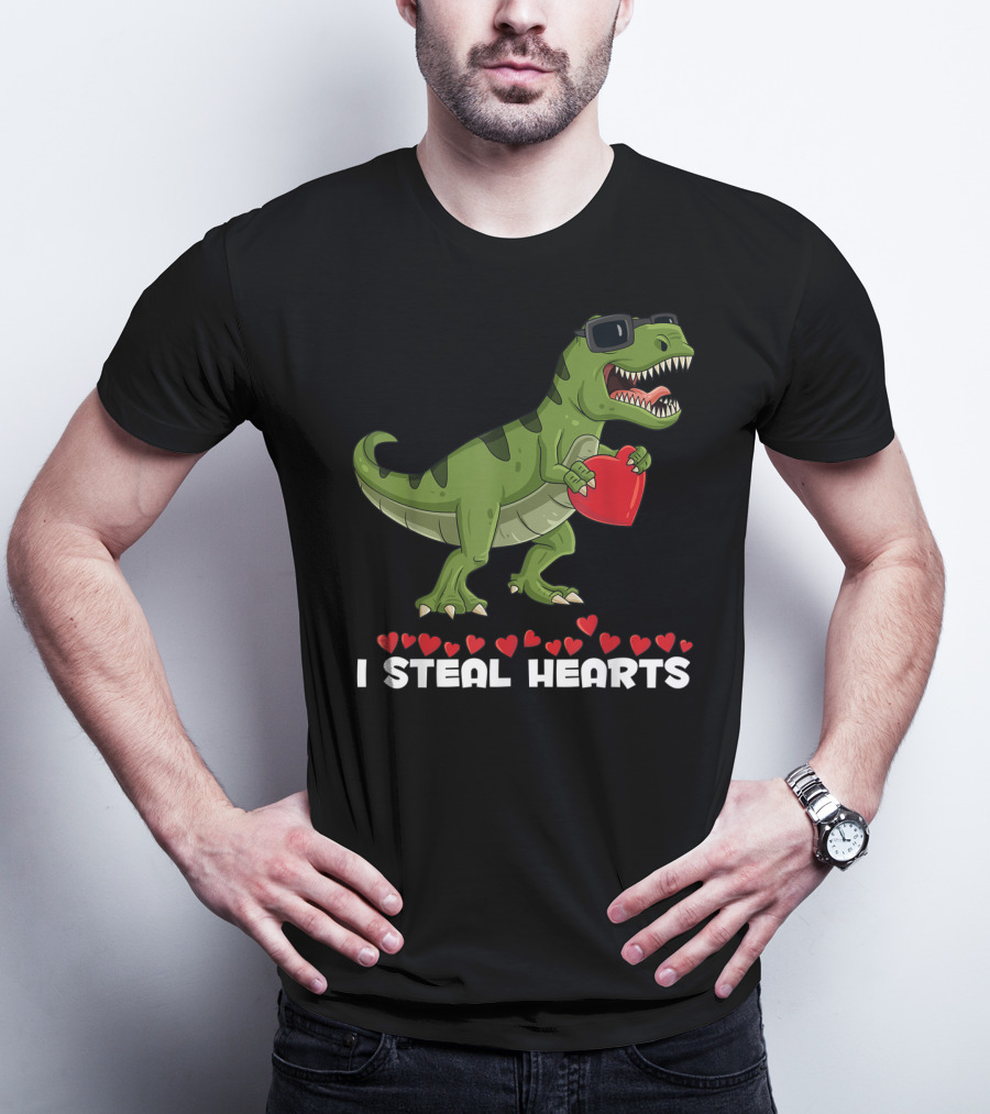 I Steal Hearts Dinosaur With Sunglasses Holding Red Heart Valentines Day T-Shirt