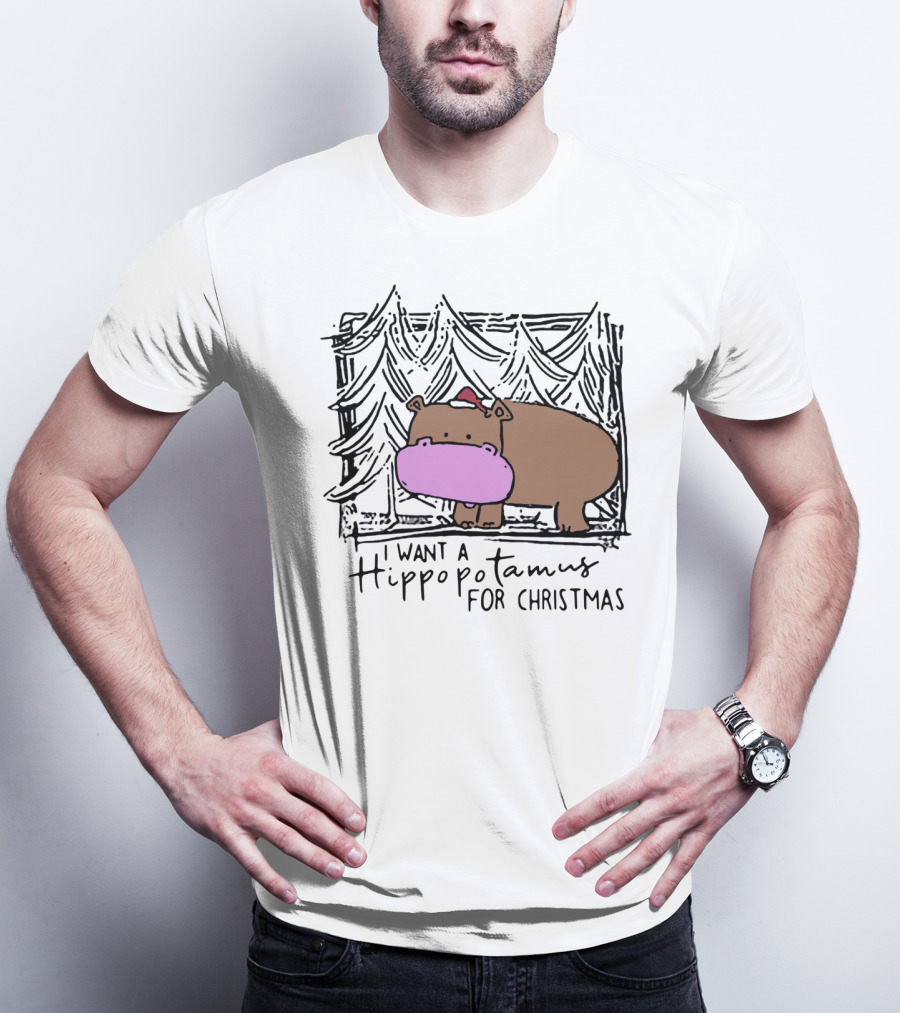 I Want A Hippopotamus For Christmas Hippo Santa Hat Festive T-Shirt