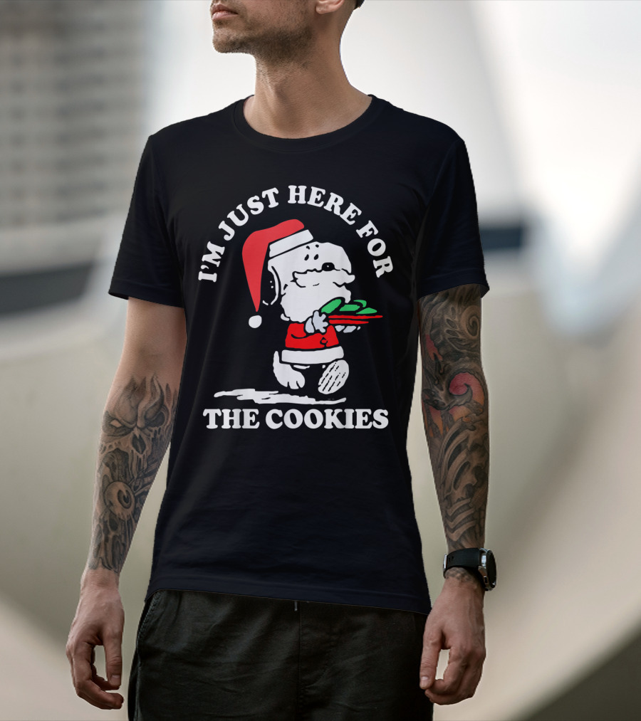 I'm Just Here For The Cookies Santa Hat Dog Carrying Christmas Cookies T-Shirt