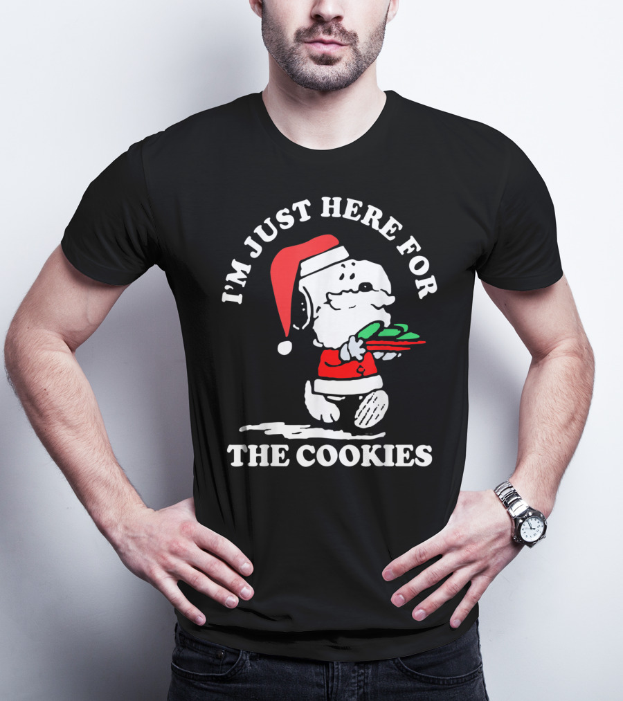 I'm Just Here For The Cookies Santa Hat Dog Carrying Christmas Cookies T-Shirt