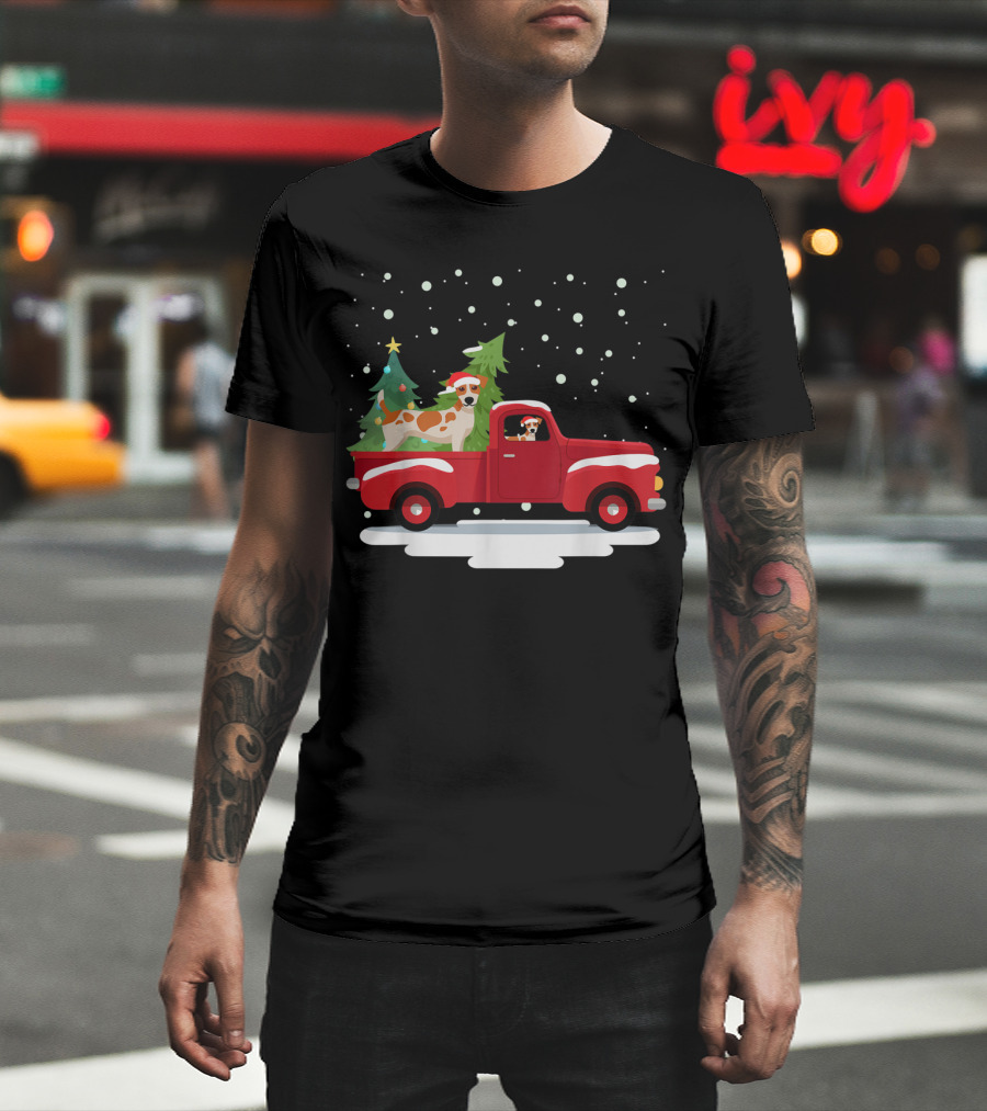 Jack Russell Terrier Santa Christmas Truck Holiday Scene Snowflakes And Trees T-Shirt
