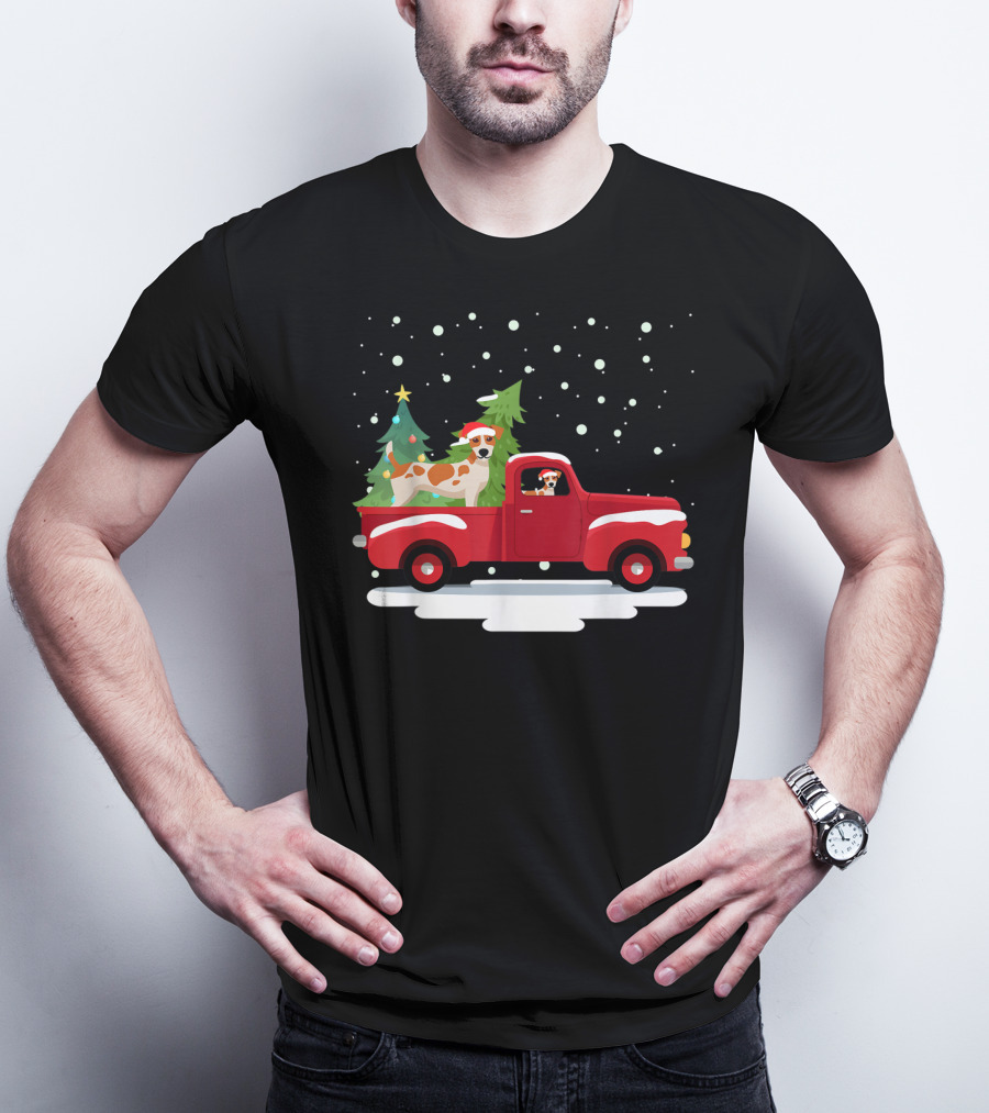 Jack Russell Terrier Santa Christmas Truck Holiday Scene Snowflakes And Trees T-Shirt