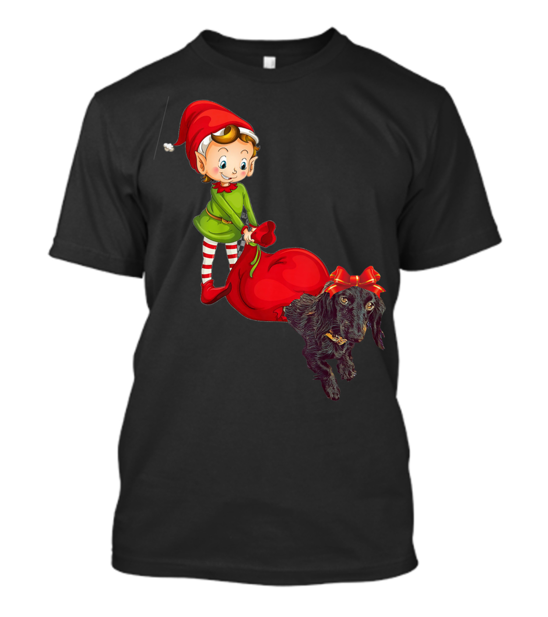 Kids Elf With Red Gift Sack And Black Dog In Santa Hat T-Shirt