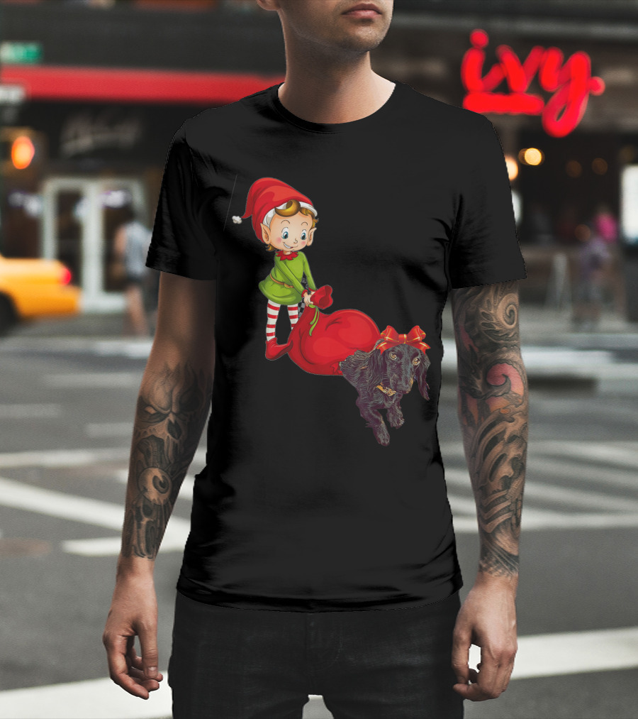 Kids Elf With Red Gift Sack And Black Dog In Santa Hat T-Shirt