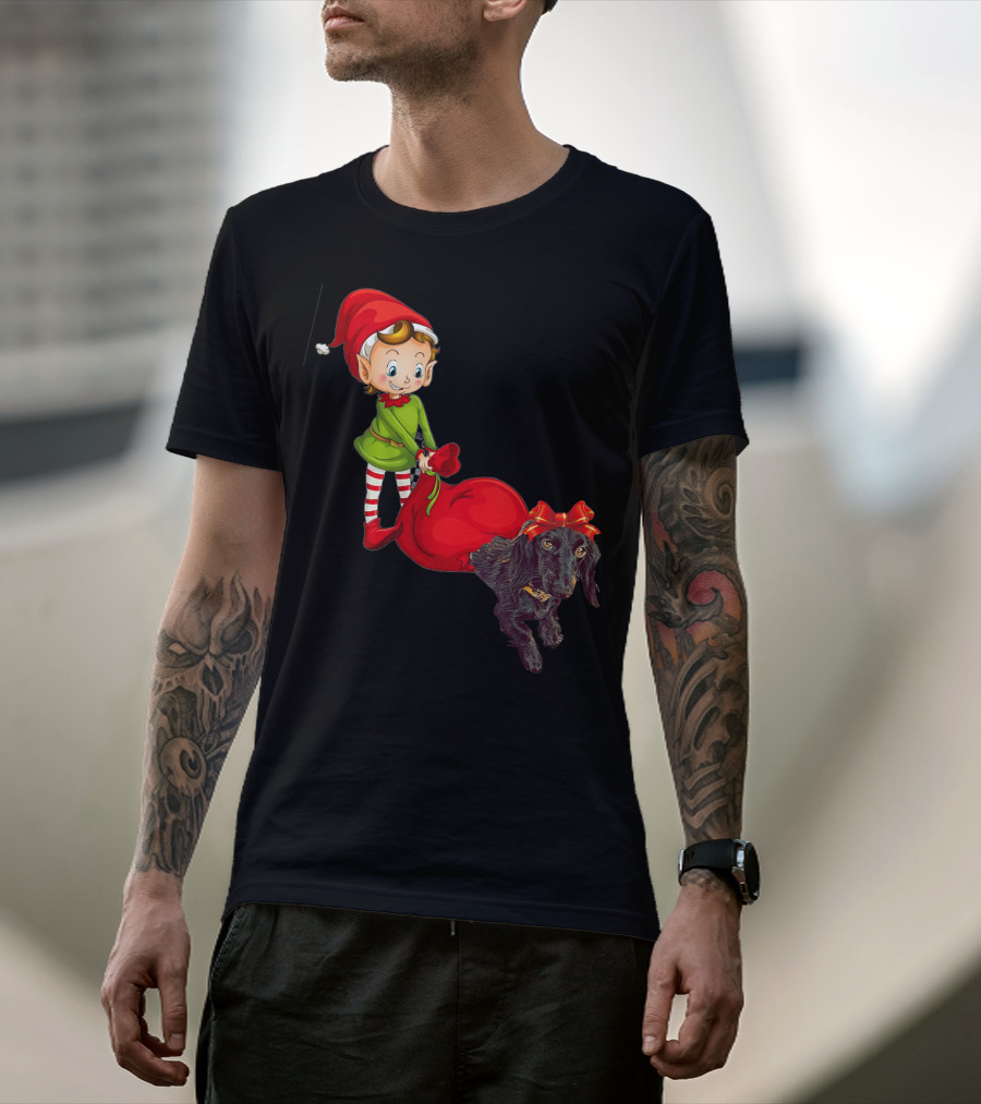 Kids Elf With Red Gift Sack And Black Dog In Santa Hat T-Shirt