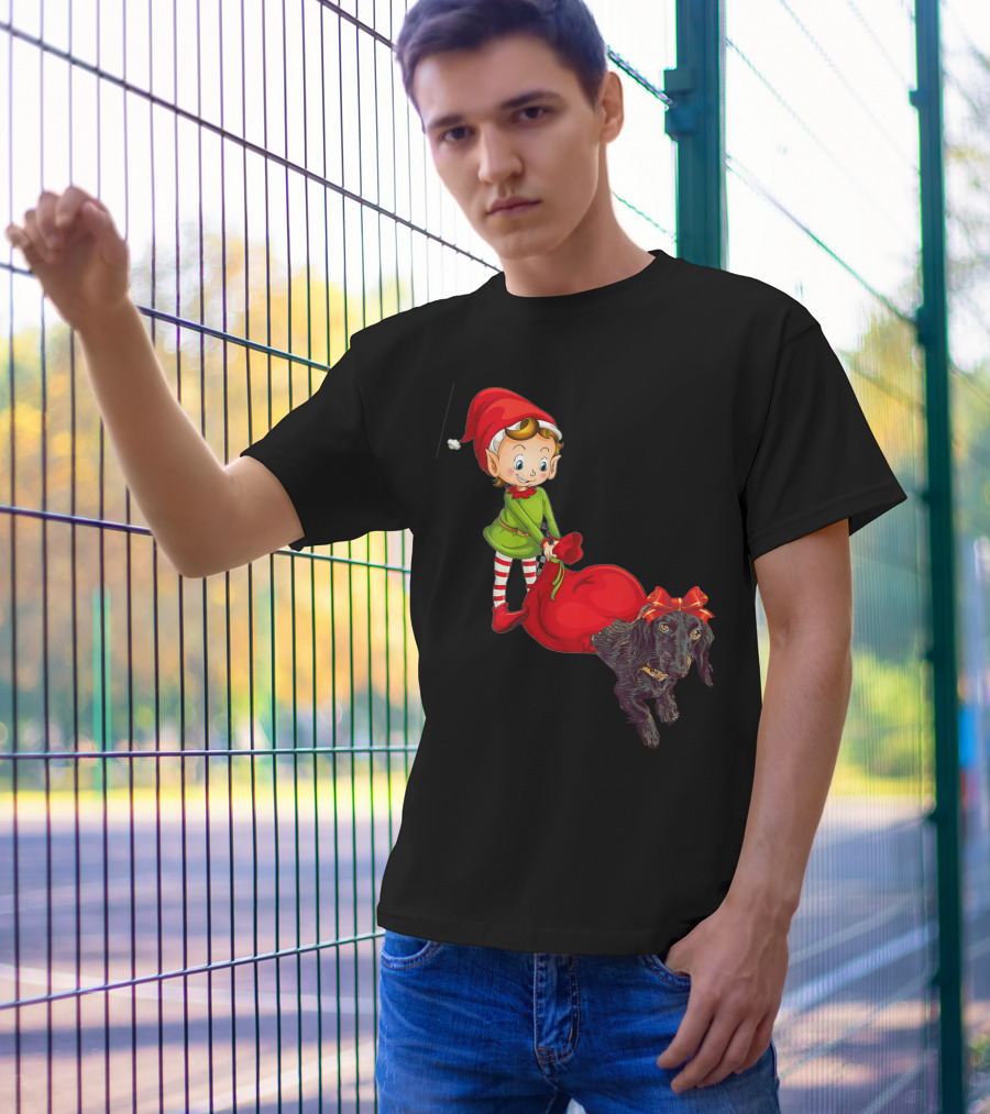 Kids Elf With Red Gift Sack And Black Dog In Santa Hat T-Shirt