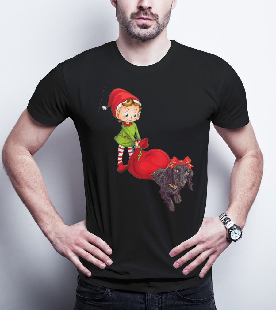 Kids Elf With Red Gift Sack And Black Dog In Santa Hat T-Shirt