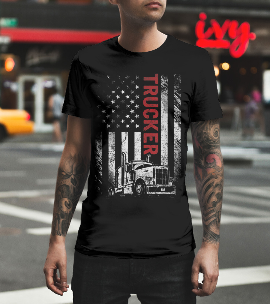 Trucker American Flag Vintage Truck Mens T-Shirt