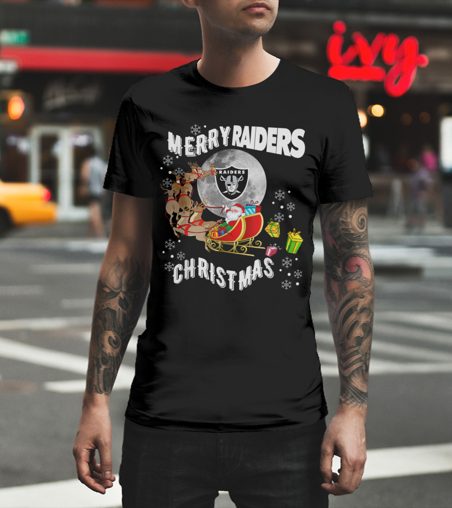 Merry Raiders Christmas Santa Sleigh Snowflakes Reindeer Presents T-Shirt