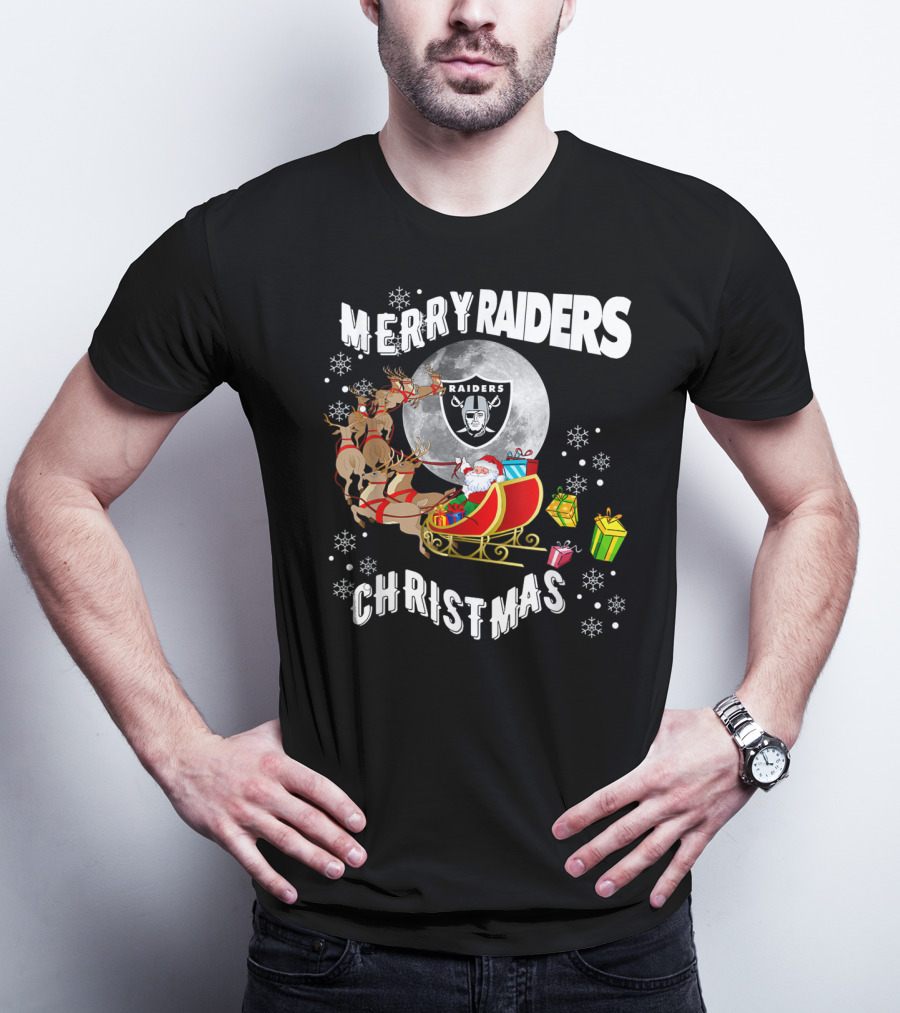Merry Raiders Christmas Santa Sleigh Snowflakes Reindeer Presents T-Shirt