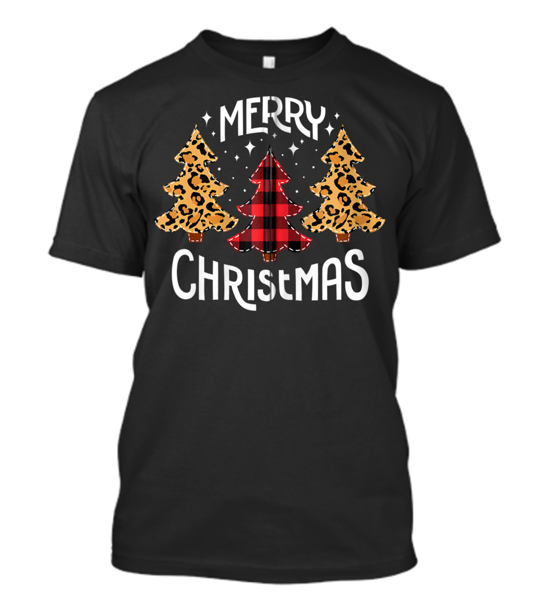 Merry Christmas Leopard And Red Buffalo Plaid Trees T-Shirt