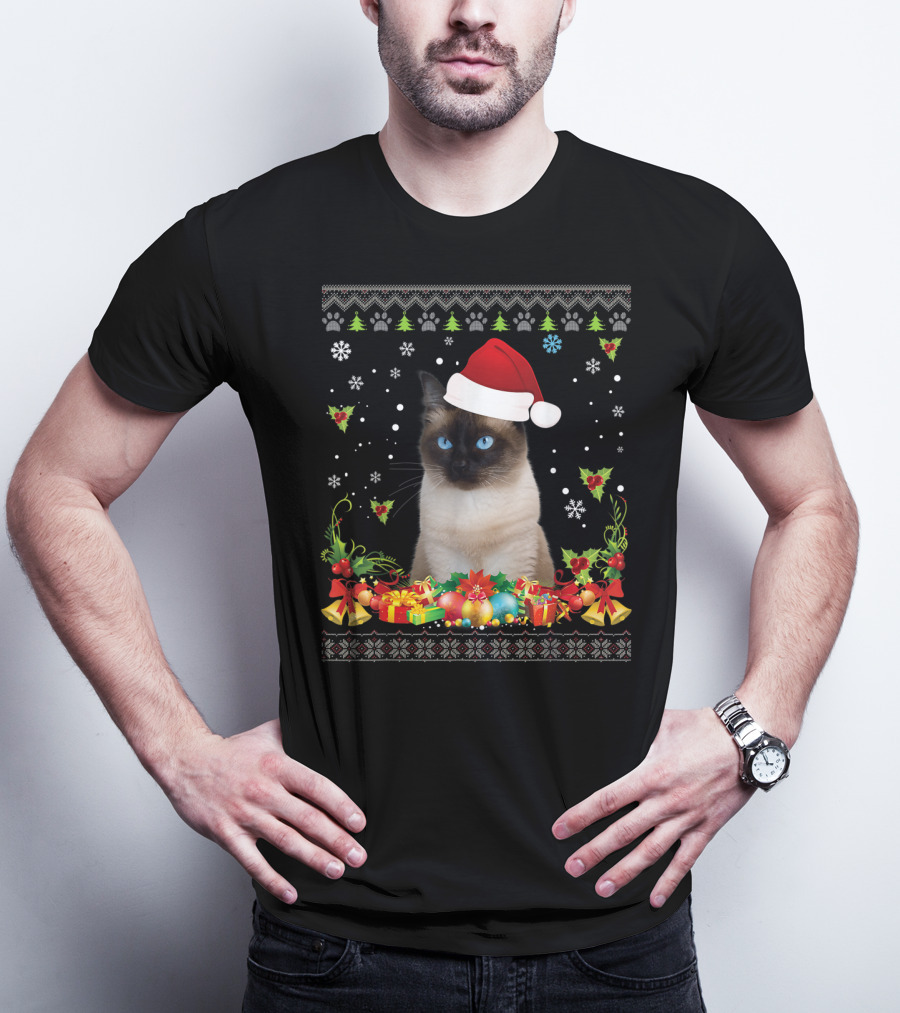 Merry Christmas Siamese Cat UglySweater Santa Hat Snowflake Ornaments T-Shirt