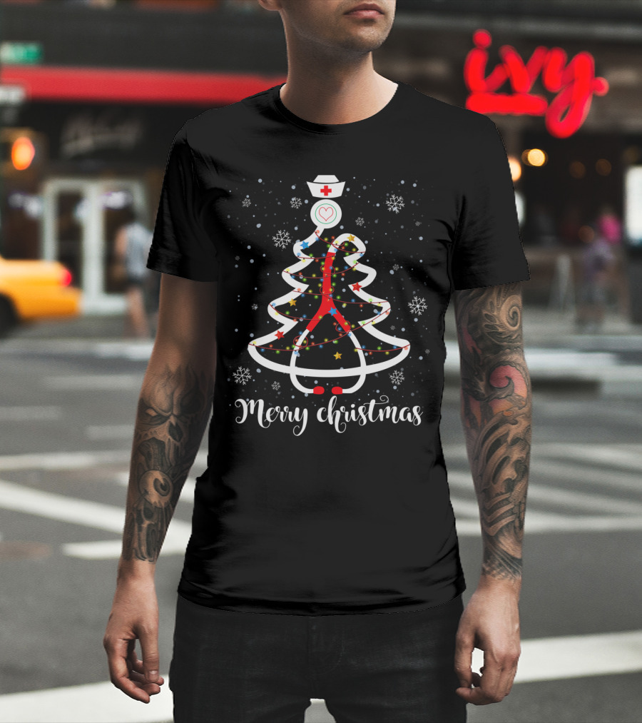 Merry Christmas Nurse Stethoscope Tree With Snowflakes And Stars T-Shirt