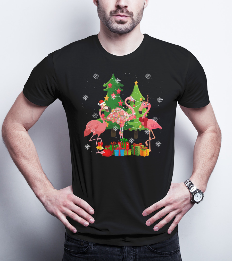 Merry Flocking Christmas Cute Flamingo Snowflake Presents T-Shirt