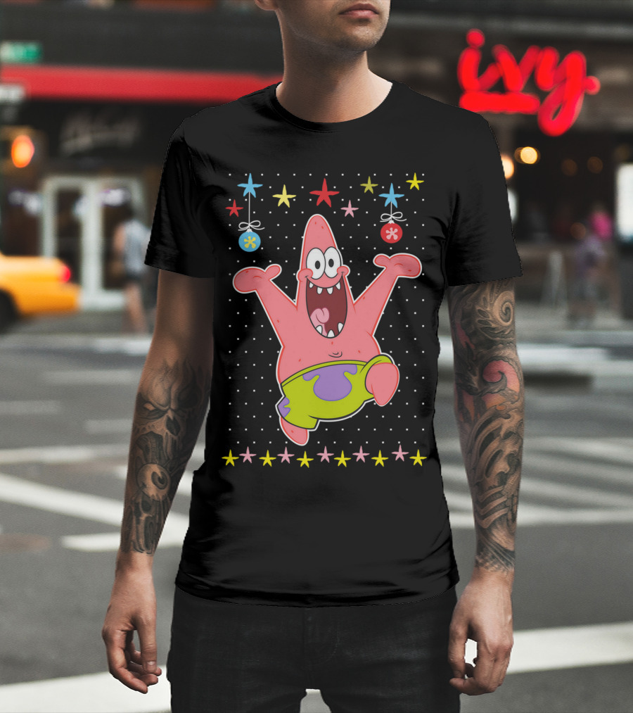 Patrick Star Festive Jumping Celebration Stars Nickelodeon Spongebob Squarepants T-Shirt