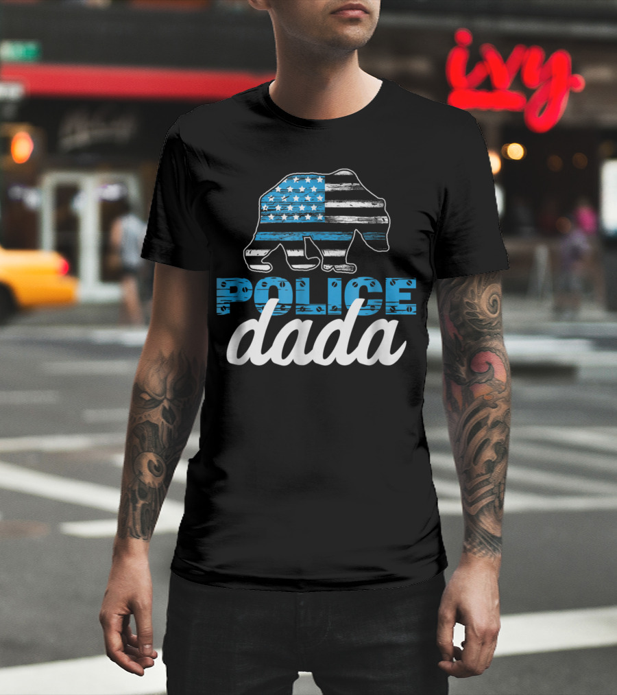 Police Dada Thin Blue Line Bear American Flag T-Shirt