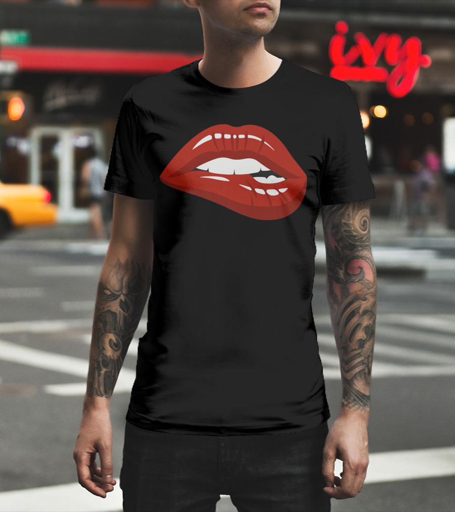 Red Lips Biting Lipstick Makeup Iconic Red Pout T-Shirt