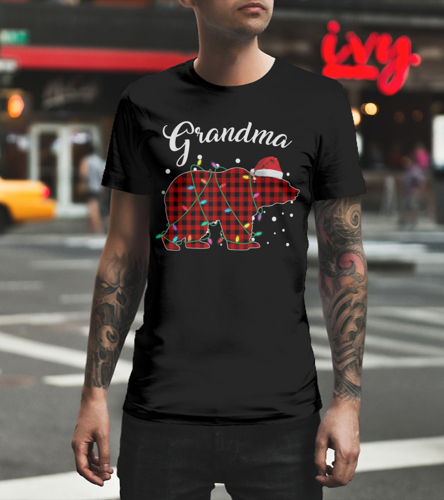 Grandma Bear Red Plaid Buffalo Christmas Lights T-Shirt