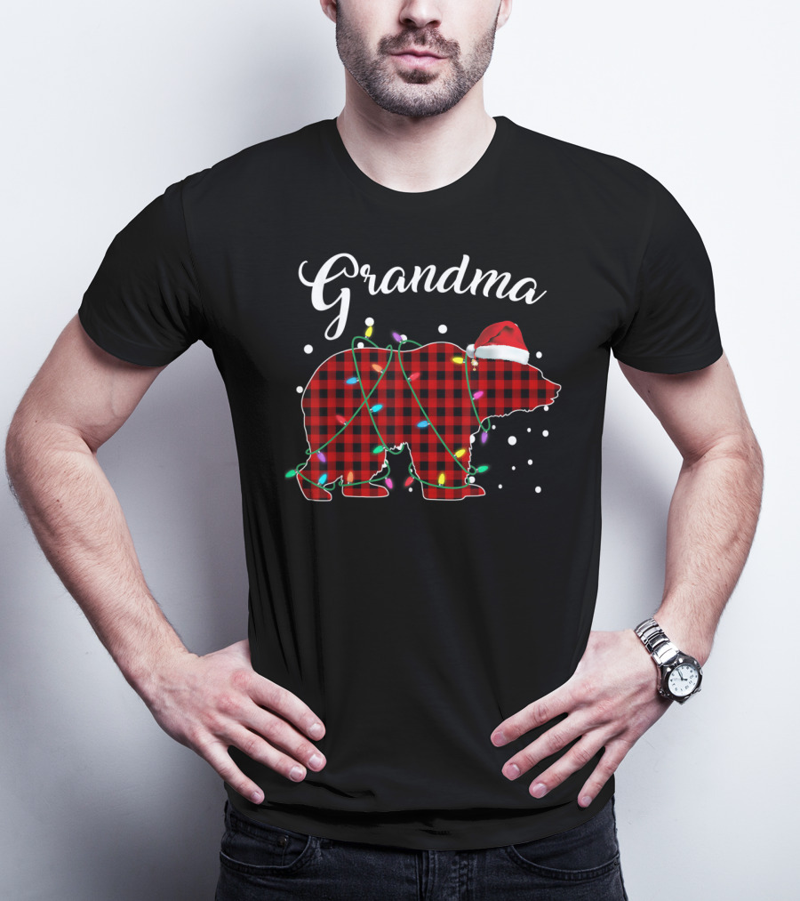 Grandma Bear Red Plaid Buffalo Christmas Lights T-Shirt