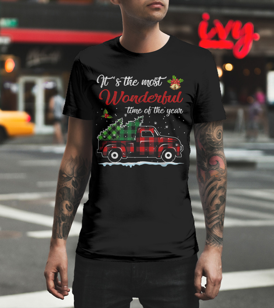 It's The Most Wonderful Time Of The Year Red Plaid Truck And Christmas Tree Decorations T-Shirt