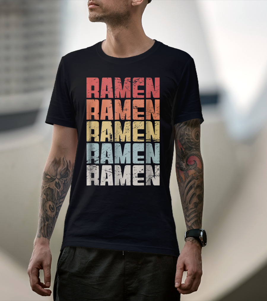Retro Distressed Multicolor Ramen Repeated Text T-Shirt