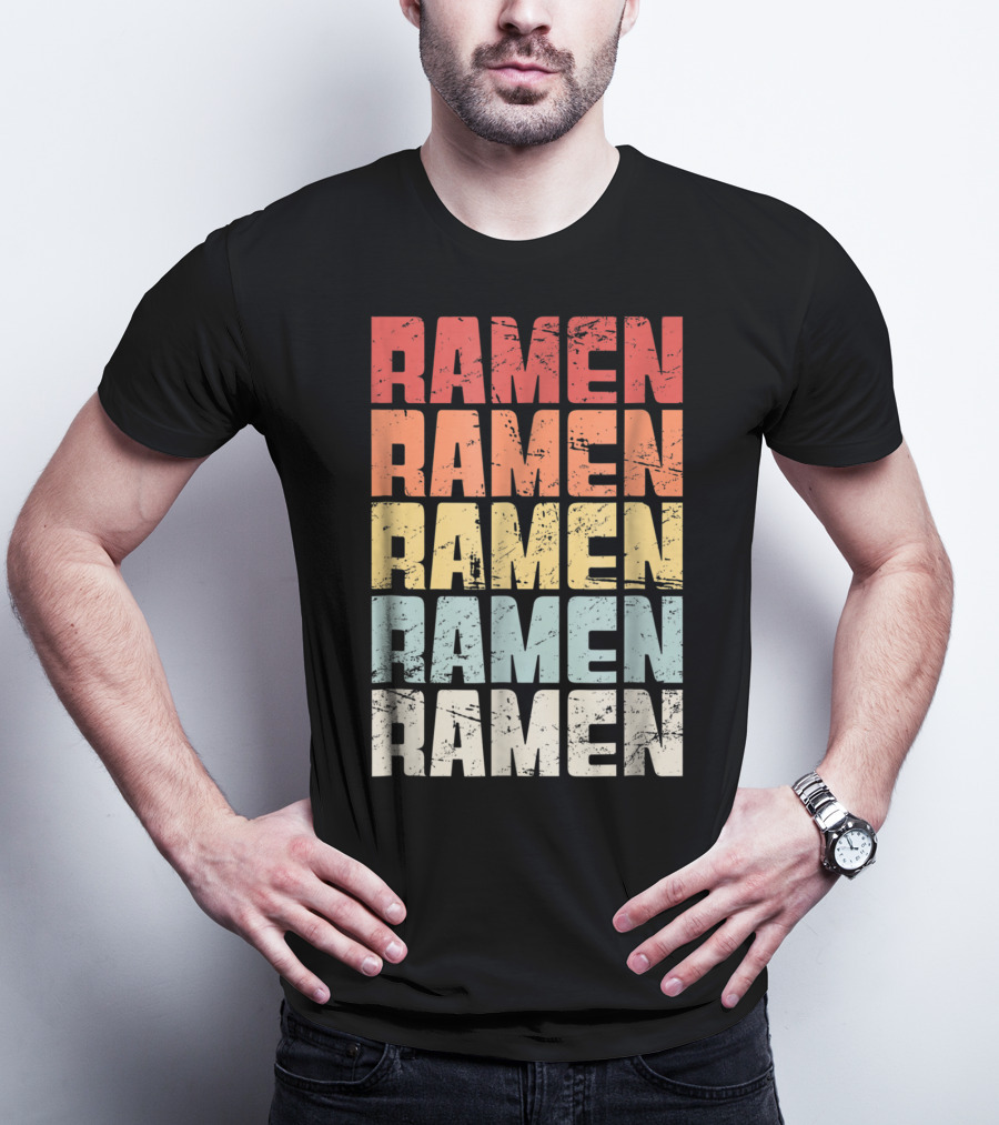 Retro Distressed Multicolor Ramen Repeated Text T-Shirt