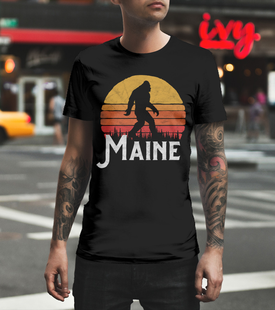 Maine Bigfoot Silhouette Retro Sun Believe T-Shirt