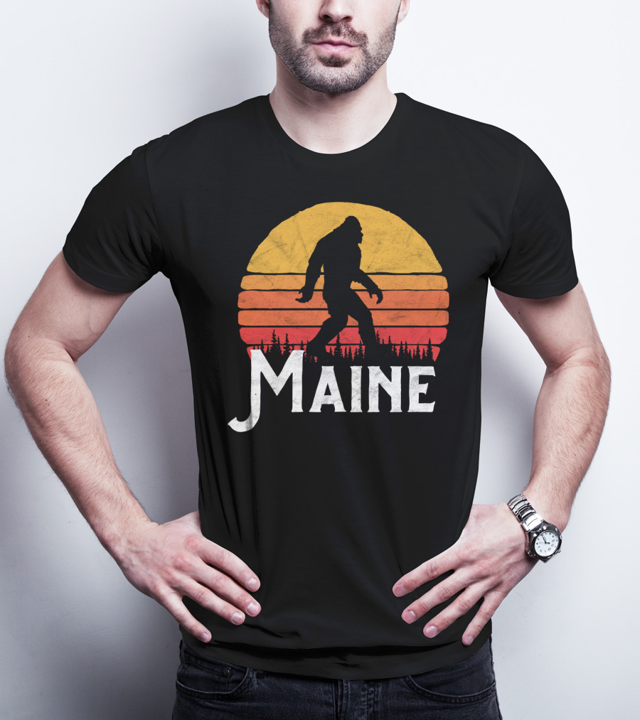 Maine Bigfoot Silhouette Retro Sun Believe T-Shirt