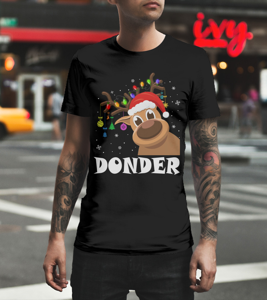 Santa Reindeer Donder Xmas Lights And Ornaments T-Shirt
