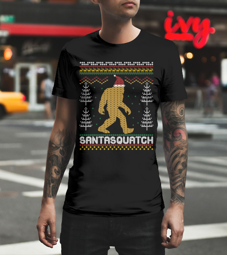 Santasquatch Bigfoot Christmas Sweater Pattern With Santa Hat And Trees T-Shirt