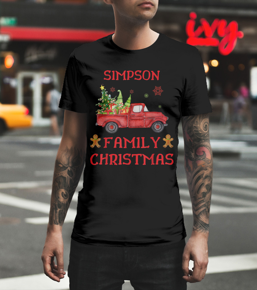 Simpson Family Christmas Old Red Truck With Tree And Gingerbread Men T-Shirt