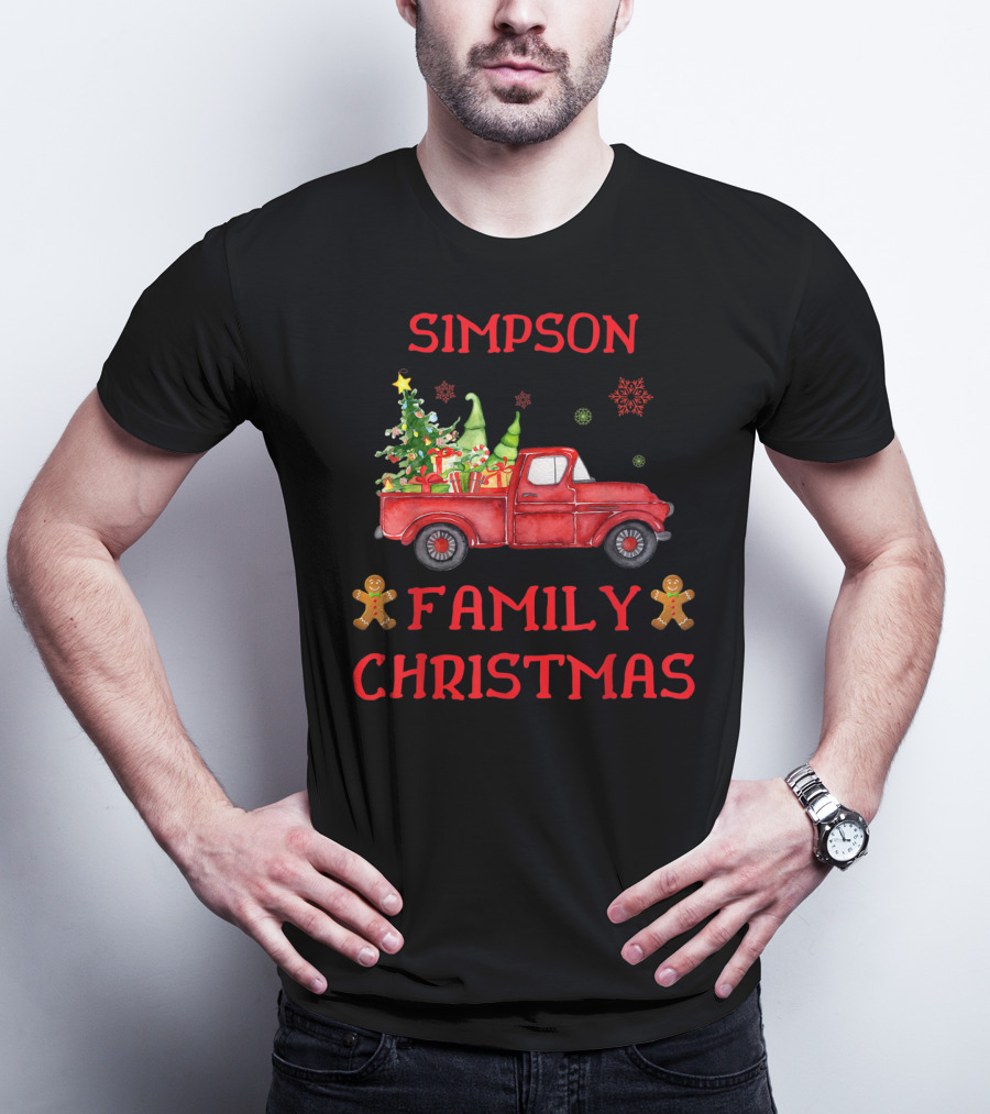 Simpson Family Christmas Old Red Truck With Tree And Gingerbread Men T-Shirt