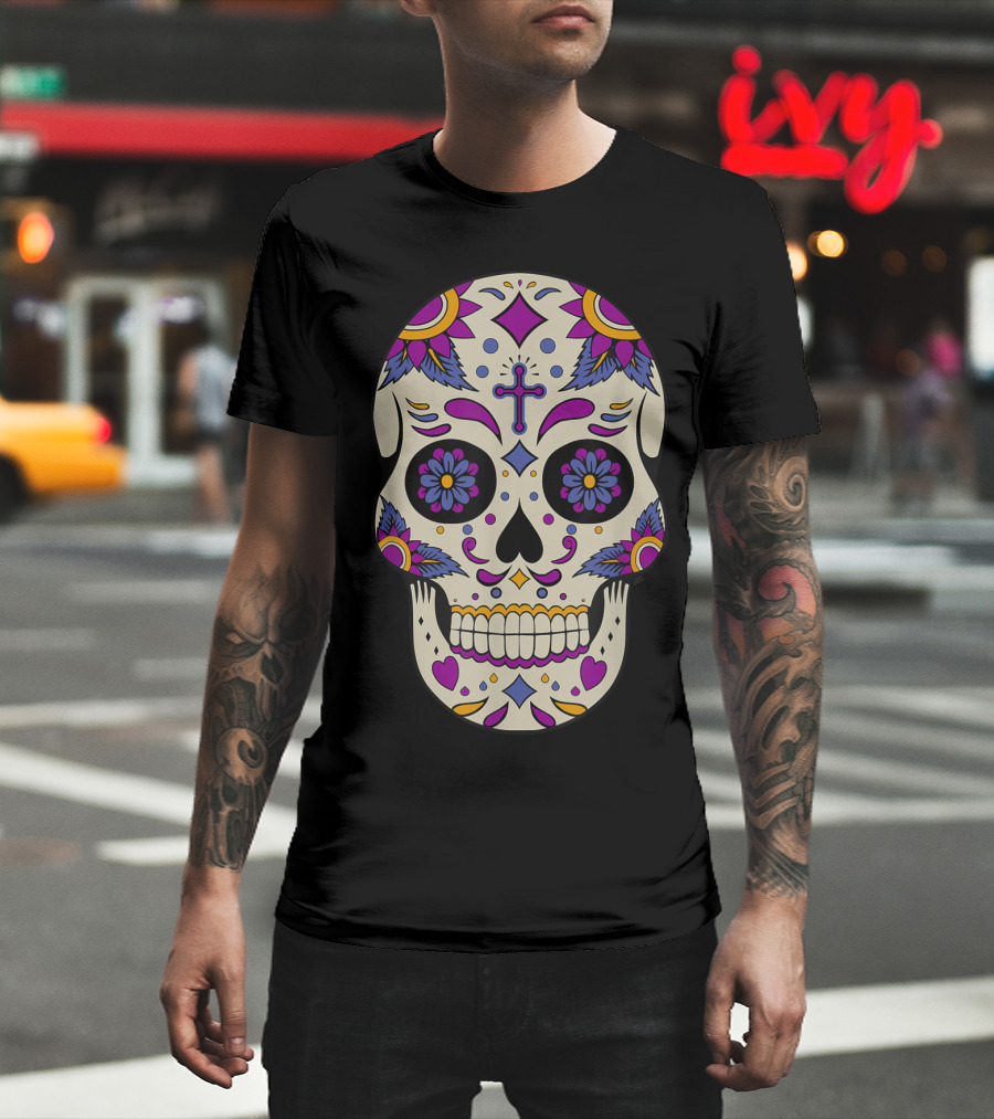 Sugar Skull Day Of The Dead Halloween Dia De Los Muertos Colorful Cross Floral T-Shirt