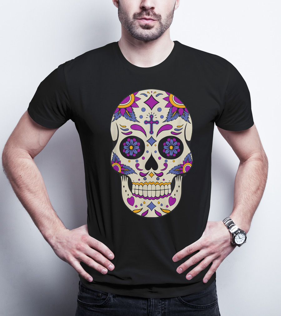 Sugar Skull Day Of The Dead Halloween Dia De Los Muertos Colorful Cross Floral T-Shirt