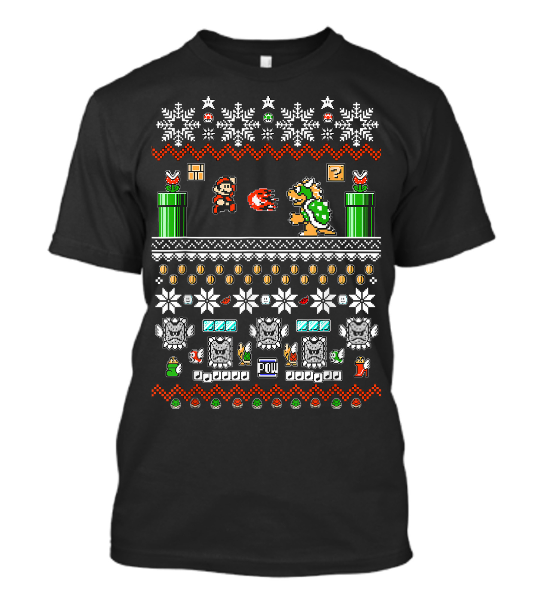 Super Mario And Bowser Pixel Art Holiday Theme With Coin And Mushroom Elements T-Shirt
