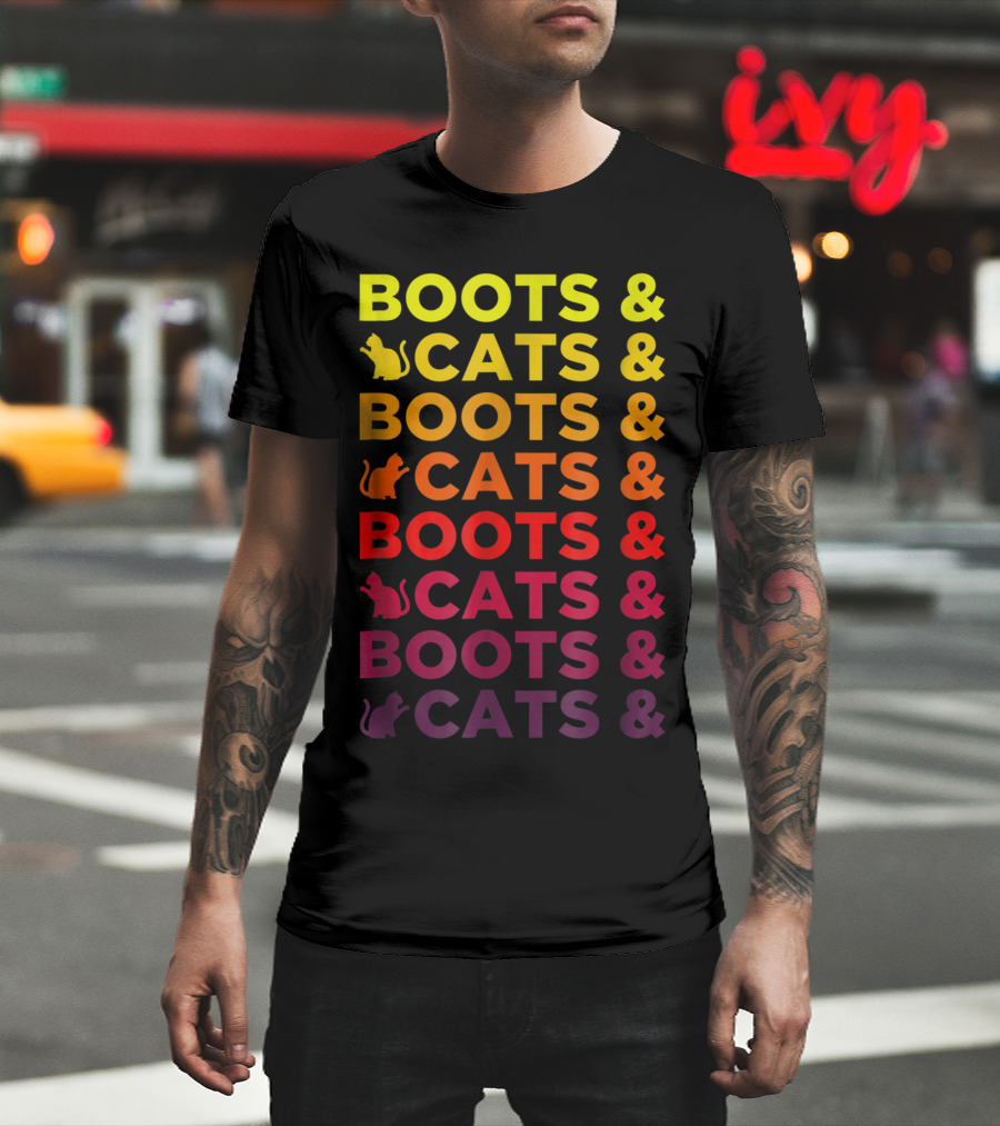Boots And Cats EDM Rave Festival Funny Repeating Text And Cat T-Shirt