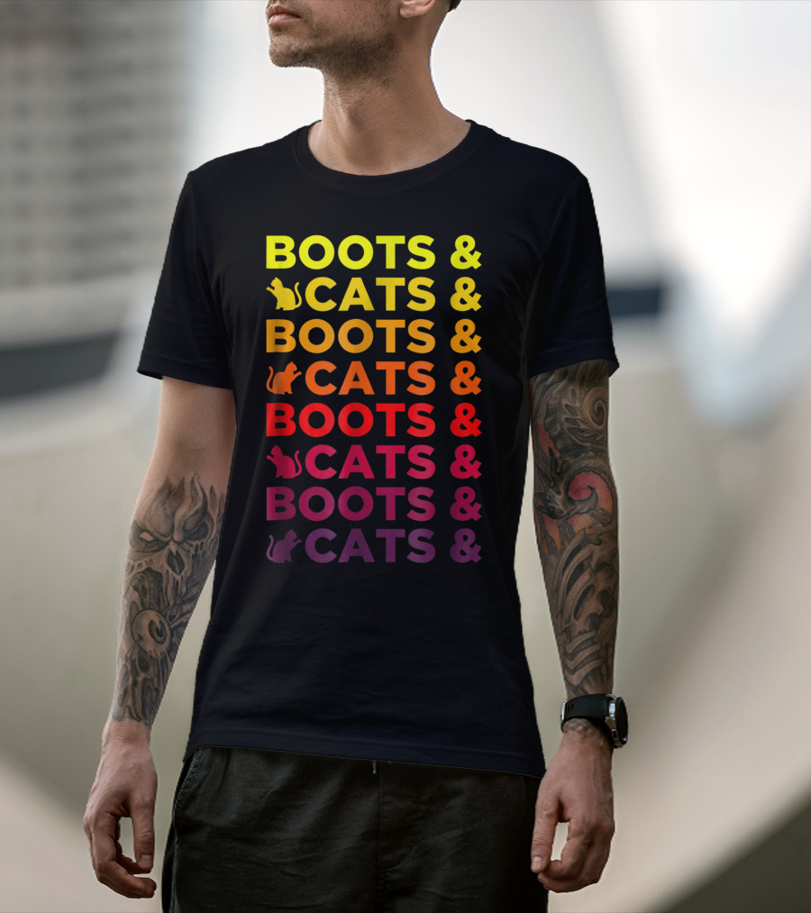 Boots And Cats EDM Rave Festival Funny Repeating Text And Cat T-Shirt