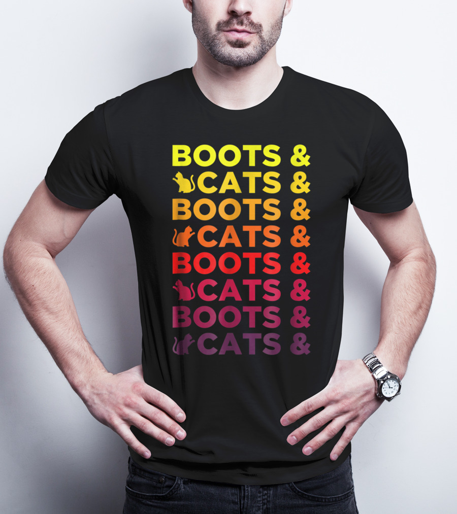 Boots And Cats EDM Rave Festival Funny Repeating Text And Cat T-Shirt