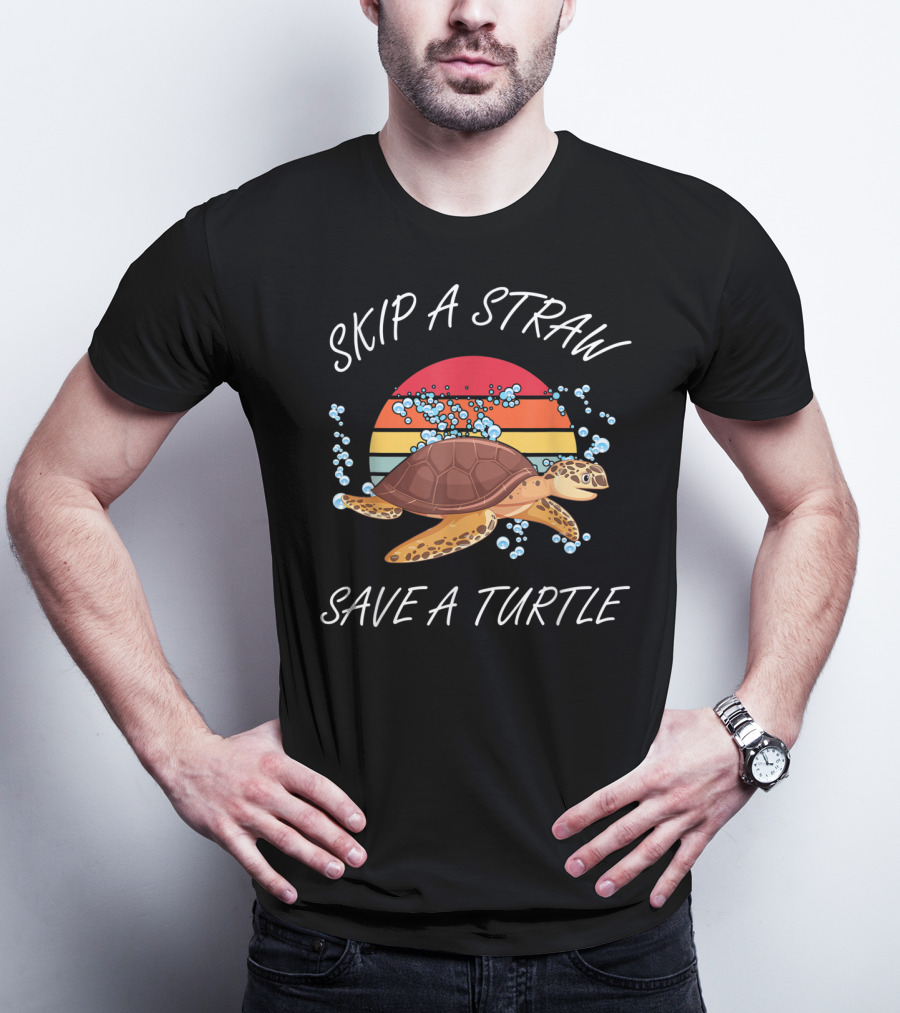 Skip A Straw Save A Turtle Vintage Sunset Turtle Ocean Conservation T-Shirt